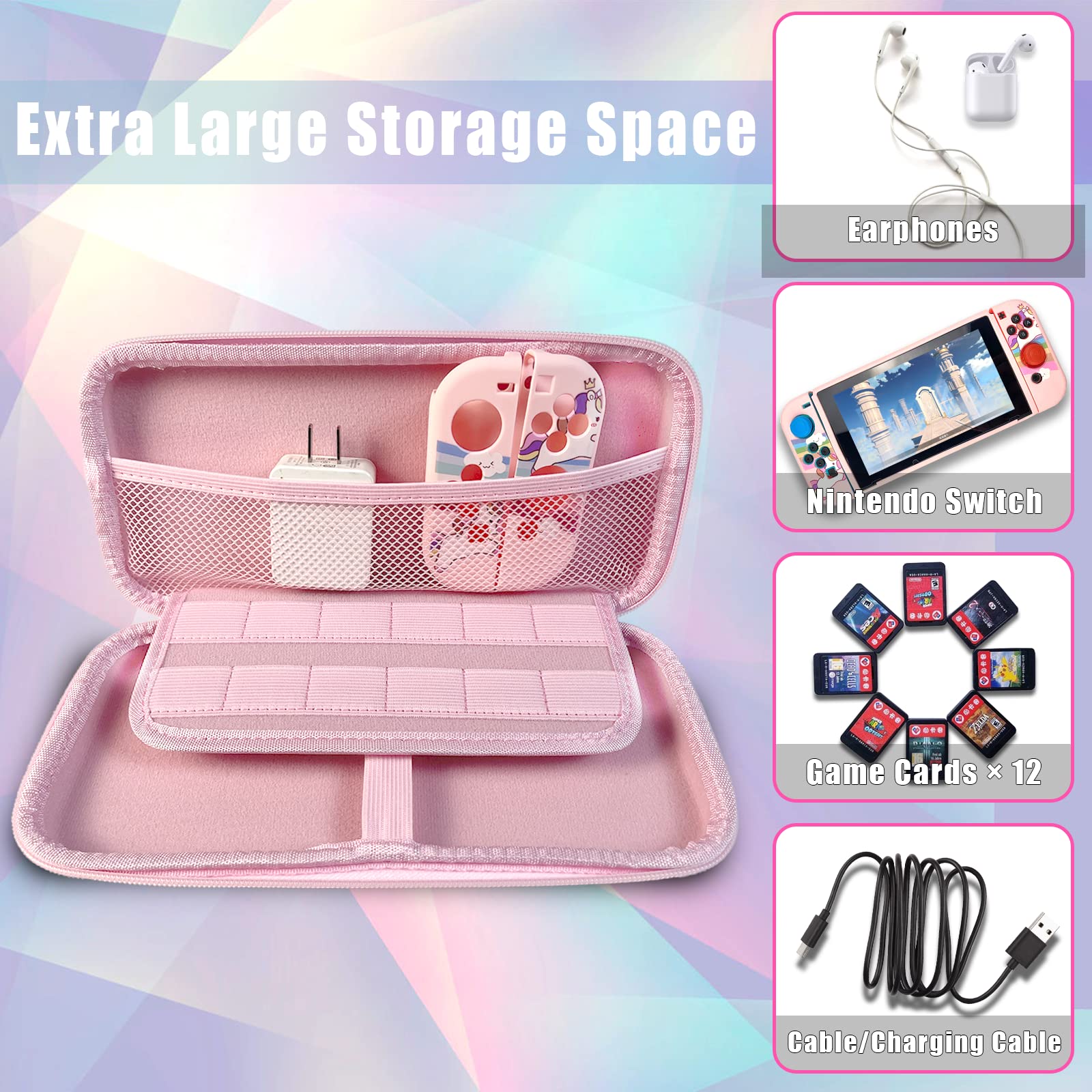 Yocvikey Hard Carrying Case Kit for Nintendo Switch, Unicorn Portable Travel Bag with TPU Protective Case Soft for Nintendo Switch, 12 Game Card Slots & Mesh Pocket to Store All Accessories
