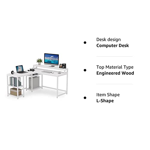 Tribesigns Reversible L-Shaped Desk with Monitor Stand, 59x55 inch Large Corner Computer Desk Study Writing Table with Storage Shelves for Home Office (White)