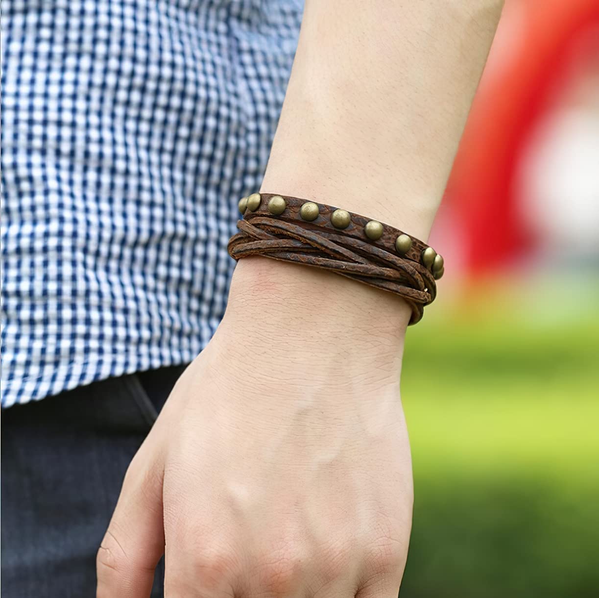 Rose-Samira Handmade Leather Bracelet Punk Wristband Set Adjustable Cuff Buckle Belt (Marker)
