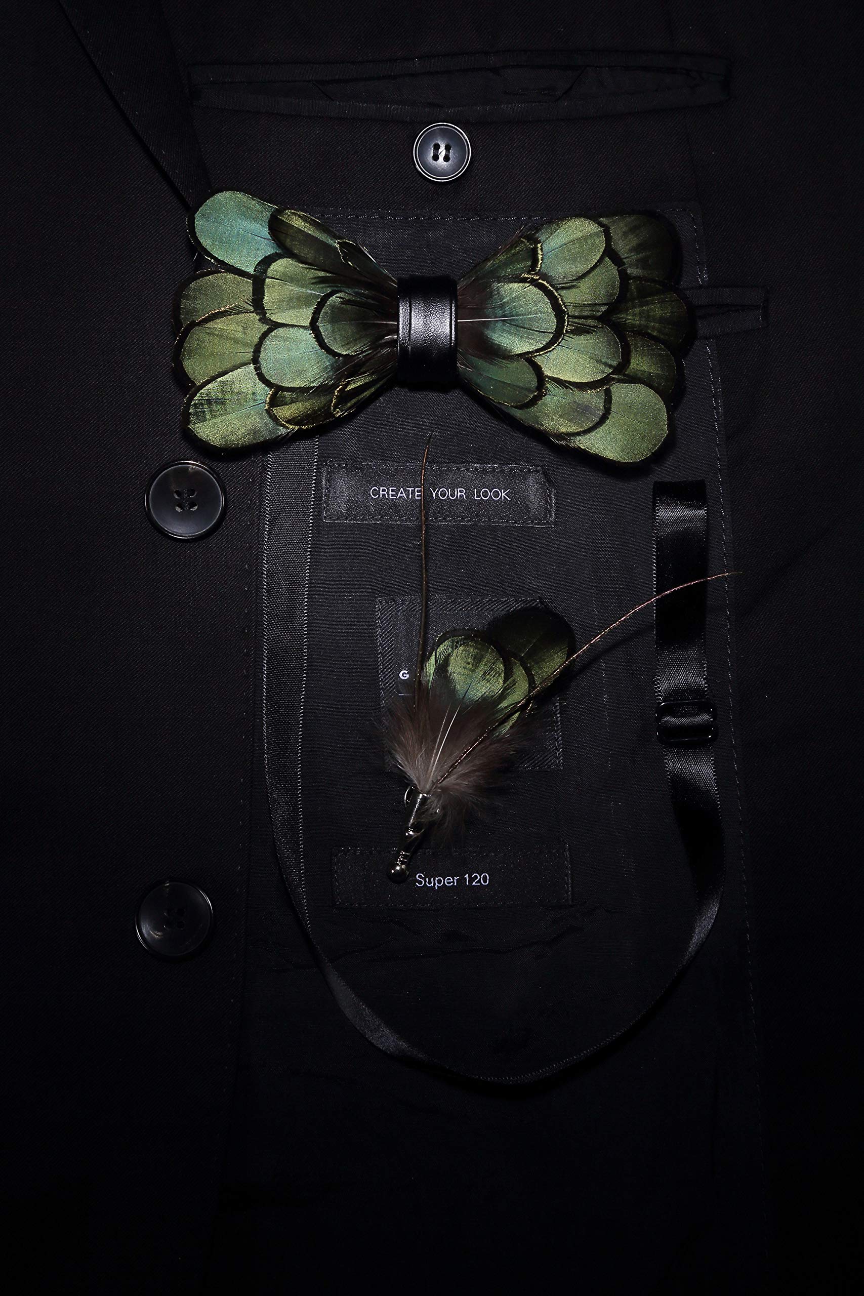 RBOCOTT Green Feather Pre-tied Bow tie Leather Bowtie and Brooch Sets for Men(6)