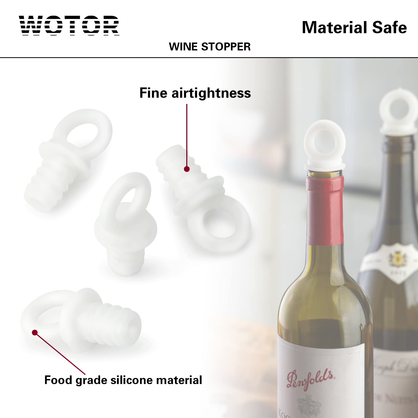 WOTOR Wine Stoppers for Wine Bottles,Reusable Silicone Wine Bottle Stopper with Ring Pull on Top for Keep the Wine Fresh, Set of 6, White