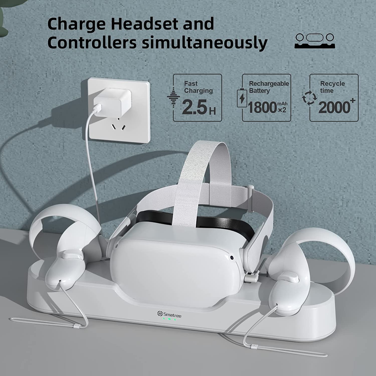 Smatree Charging Dock for Oculus Quest 2/Meta Quest 2, VR Controller and Headset Charge Simultaneously, [Updated Support Elite Strap with Battery] (with 2 Rechargeable Batteries)