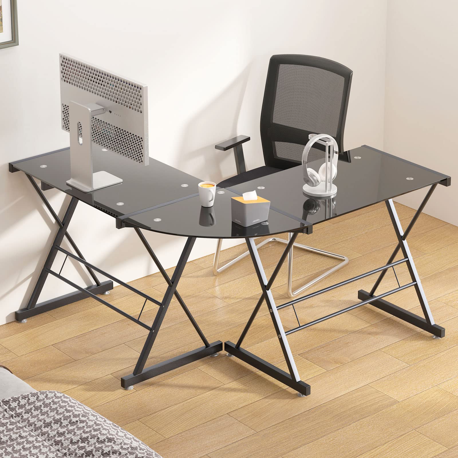 Need 51inches Tempered Glass L-Shaped Desk, Computer Desk with Smooth Keyboard Tray Home Office Corner Desk Black,UT-845-ND