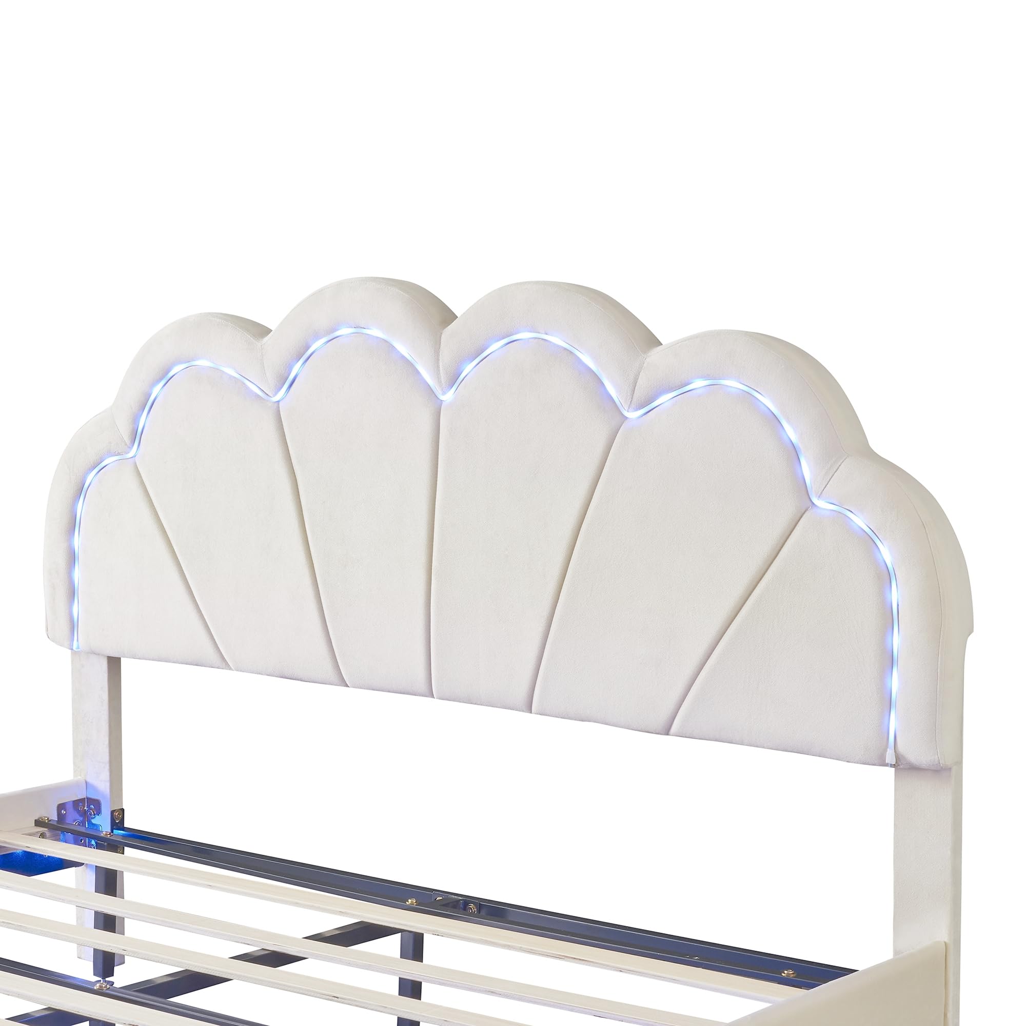 Queen Bed with Storage and LED Lights, Modern Upholstered Platform Beds with 4 Storage Drawer, LED Bed Frame with Tufted Headboard and Slats Support, No Spring Box Needed, Queen Size, Linen Gray