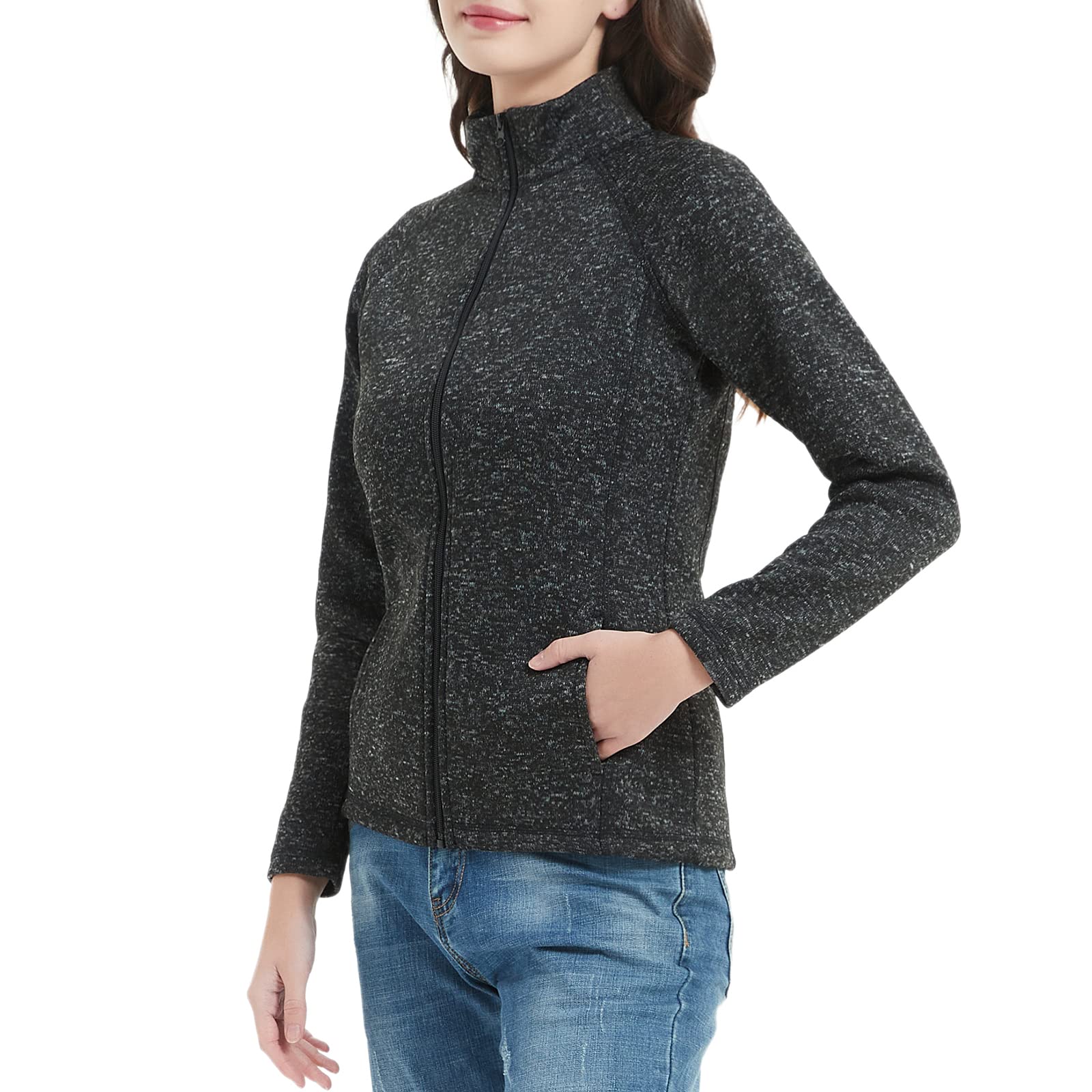 SLOWTOWN Women's Sweater Fleece Jacket Zip-up Sweater Lightweight Speckled Jacket with Pockets (Black, Medium)