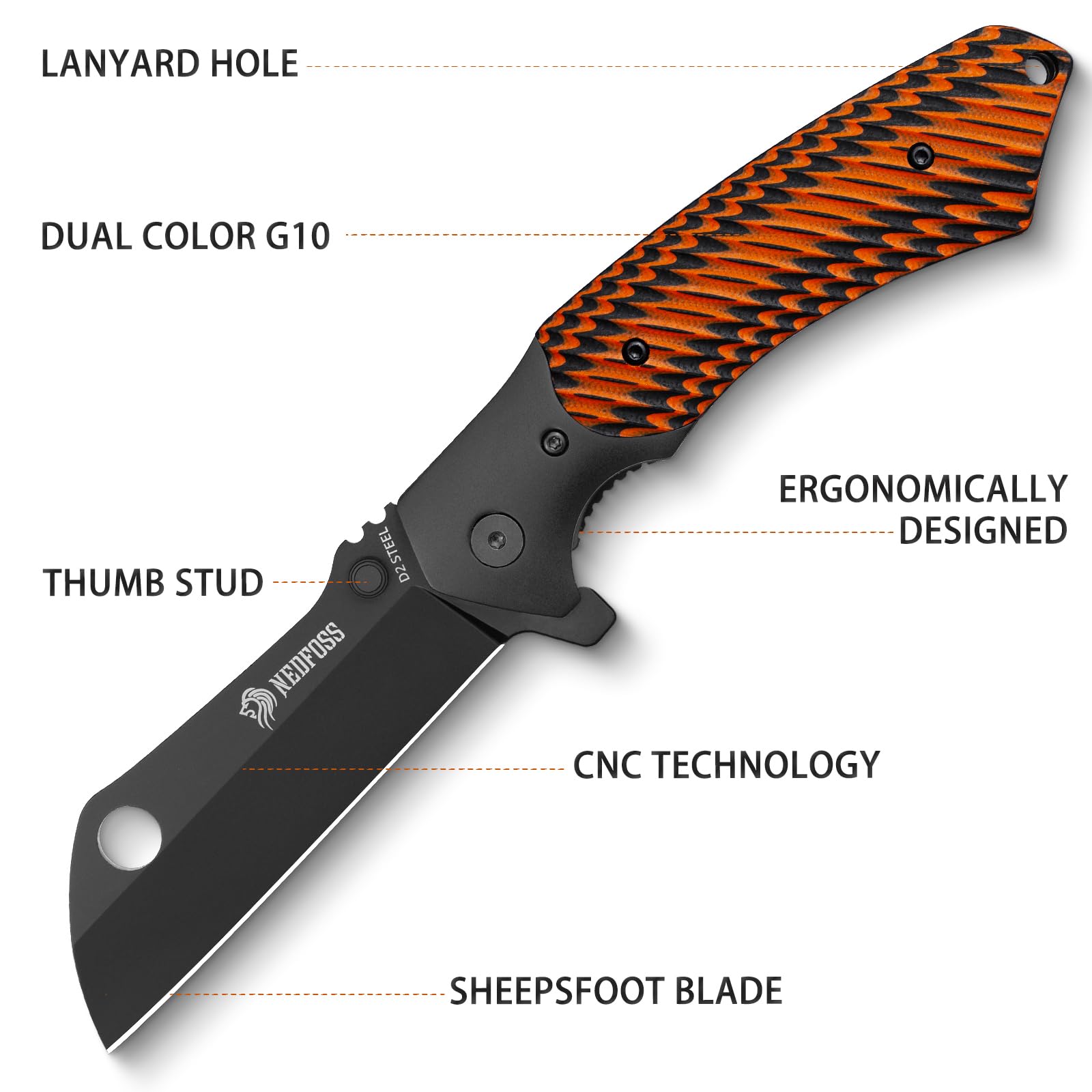NedFoss Ratel Pocket Knife - 3.4" D2 Steel Black PVD Blade, G10 Handle, Folding Knife w/Clip, Cleaver EDC Knife & Gift for Men.