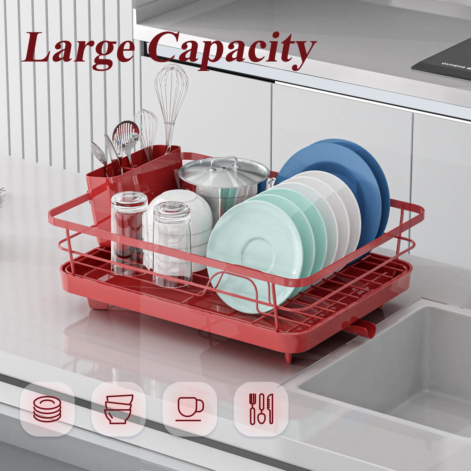 Sakugi Dish Drying Rack - Compact Dish Rack for Kitchen Counter with a Cutlery Holder, Durable Stainless Steel Kitchen Dish Rack for Various Tableware, Dish Drying Rack with Easy Installation, Red