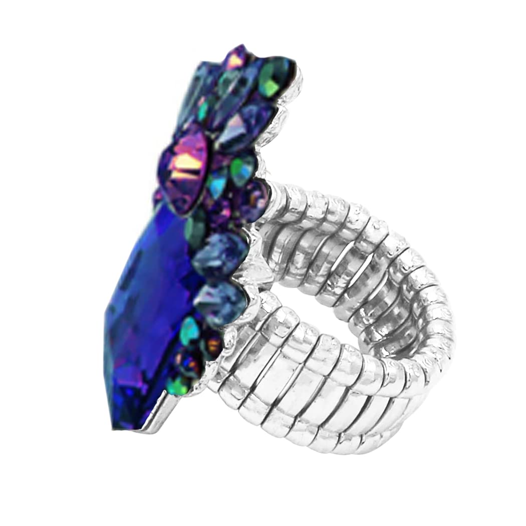 Rosemarie & Jubalee Women's Stunning Statement Emerald Cut Glass Crystal Stretch Cocktail Ring (Royal Blue Silver Tone)