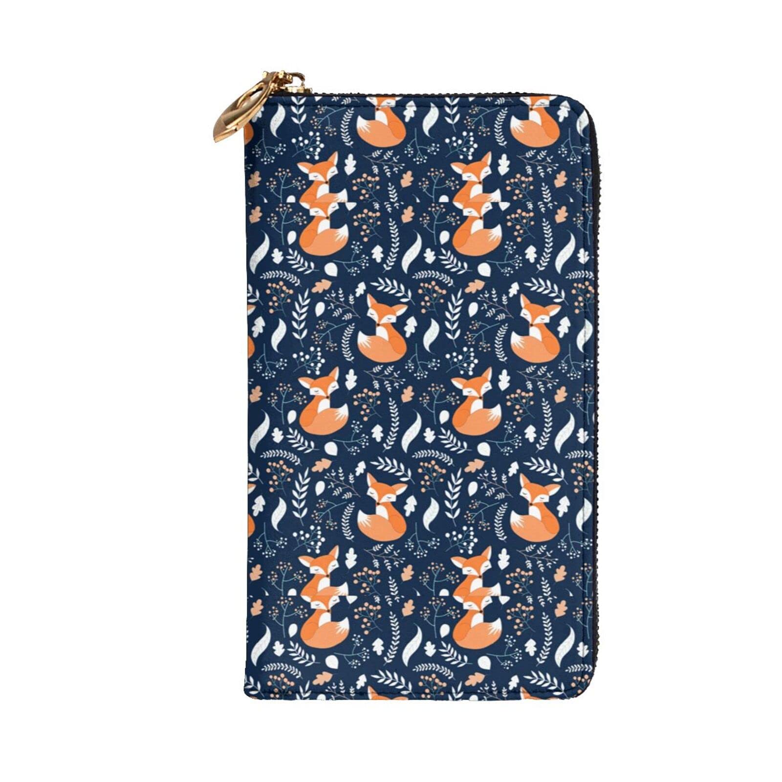 Women Zip Around Long Purse Fox Sleepy Foxes Navy Printed Credit Card Holder Wallet