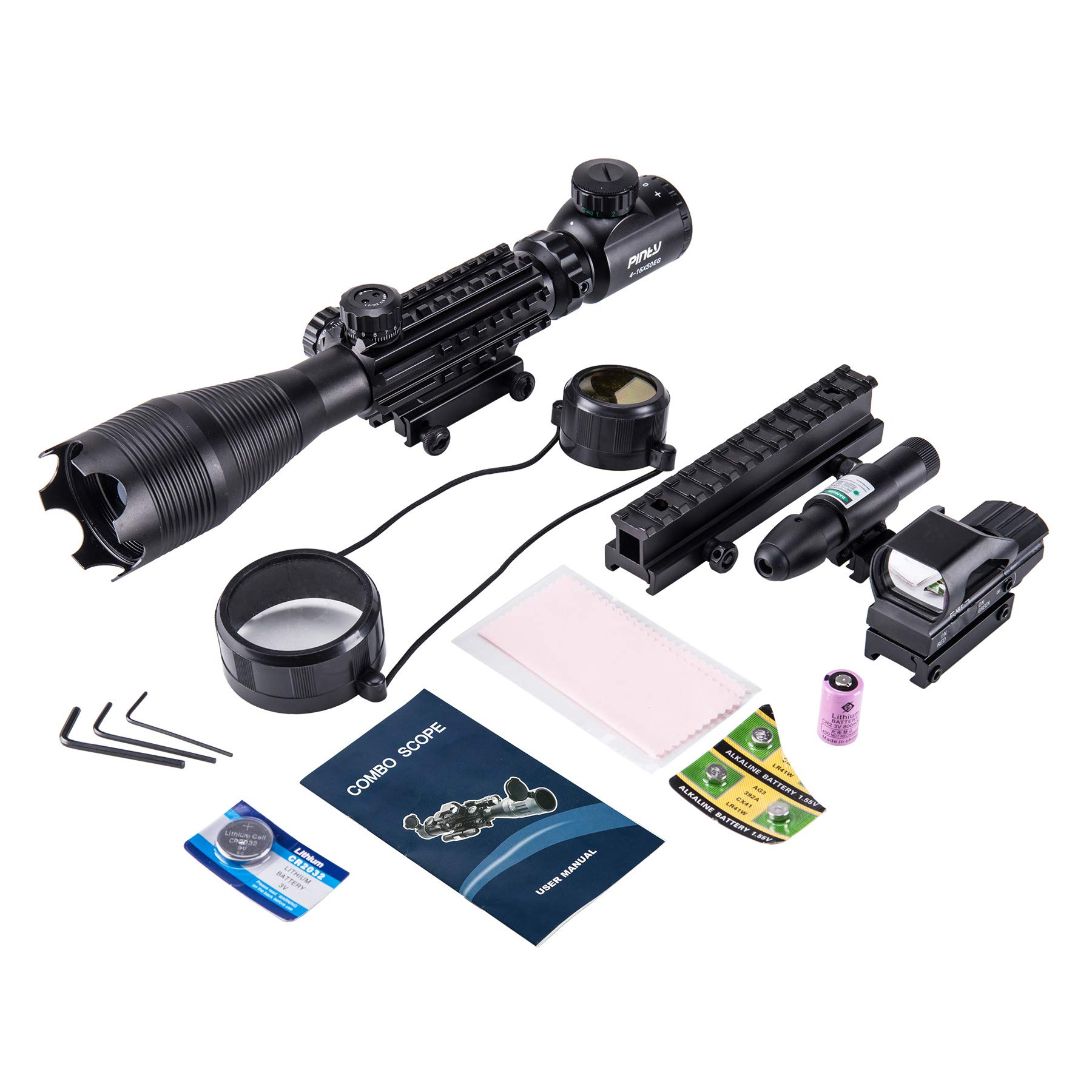 PINTY Rifle Scope Red Dot Laser Combo β 4in1 Gun Set with 4-16x50 Illuminated Hunting Scope, Green/Red Dot, Green Laser Sight, Pic Riser β Tactical Scope and Laser for Shooting Airsoft More, Black