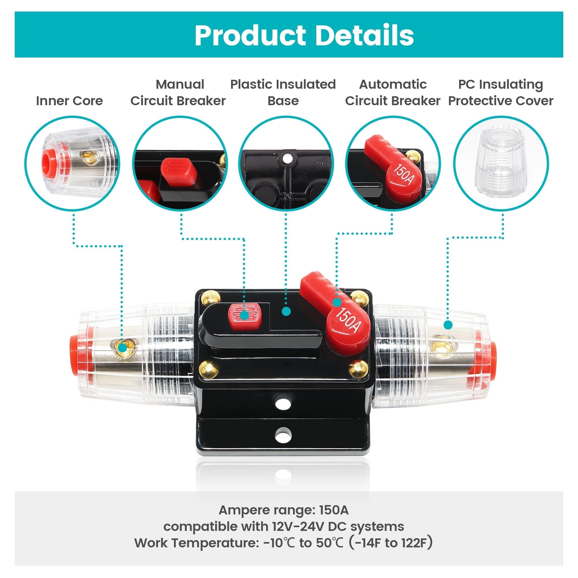 NuIth 150A Audio Inline Circuit Breaker with Manual Reset 12-24V, 4-12 AWG 150 AMP Circuit Breaker Inline Fuse for Car AutomotiveAudio Amplifier System Protection Marine Truck RV Home, 2PCS