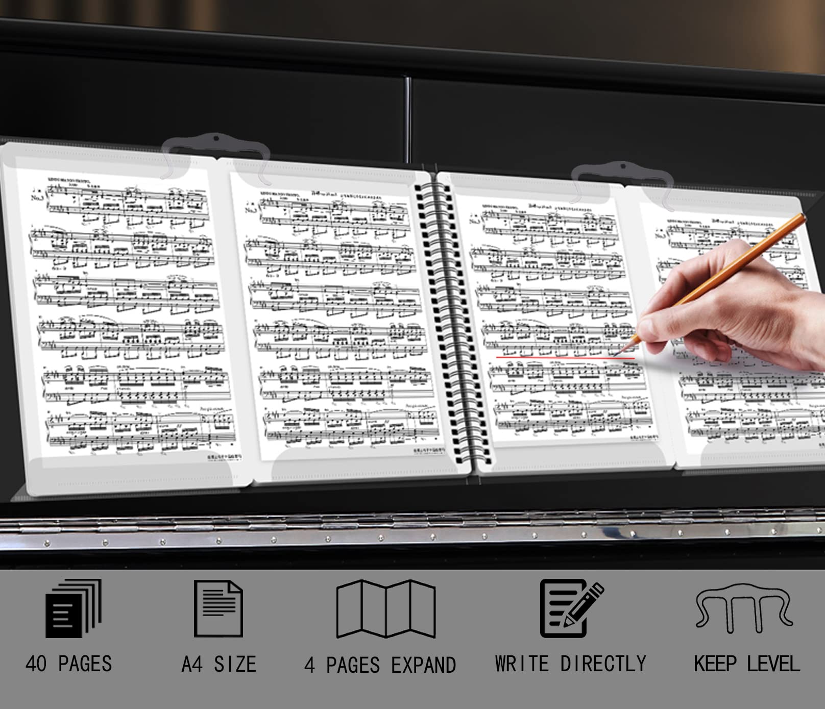 XINYUYAN Sheet Music Folder (Black), 4-Page Expansion and Writing Directly on The Pages, A4 Size, Holds 40 Comes with 2 M-Shaped Clips