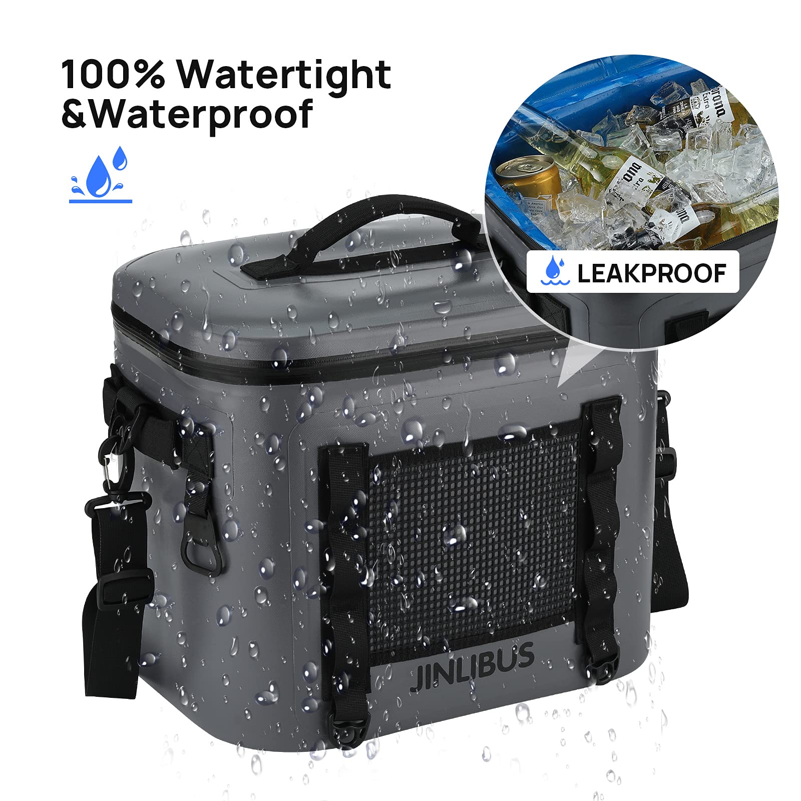 Soft Cooler Leak Proof Cooler Bag Portable Softsided Insulated Bag Waterproof Cooler for Camping, Fishing, Beach 30 Can Grey