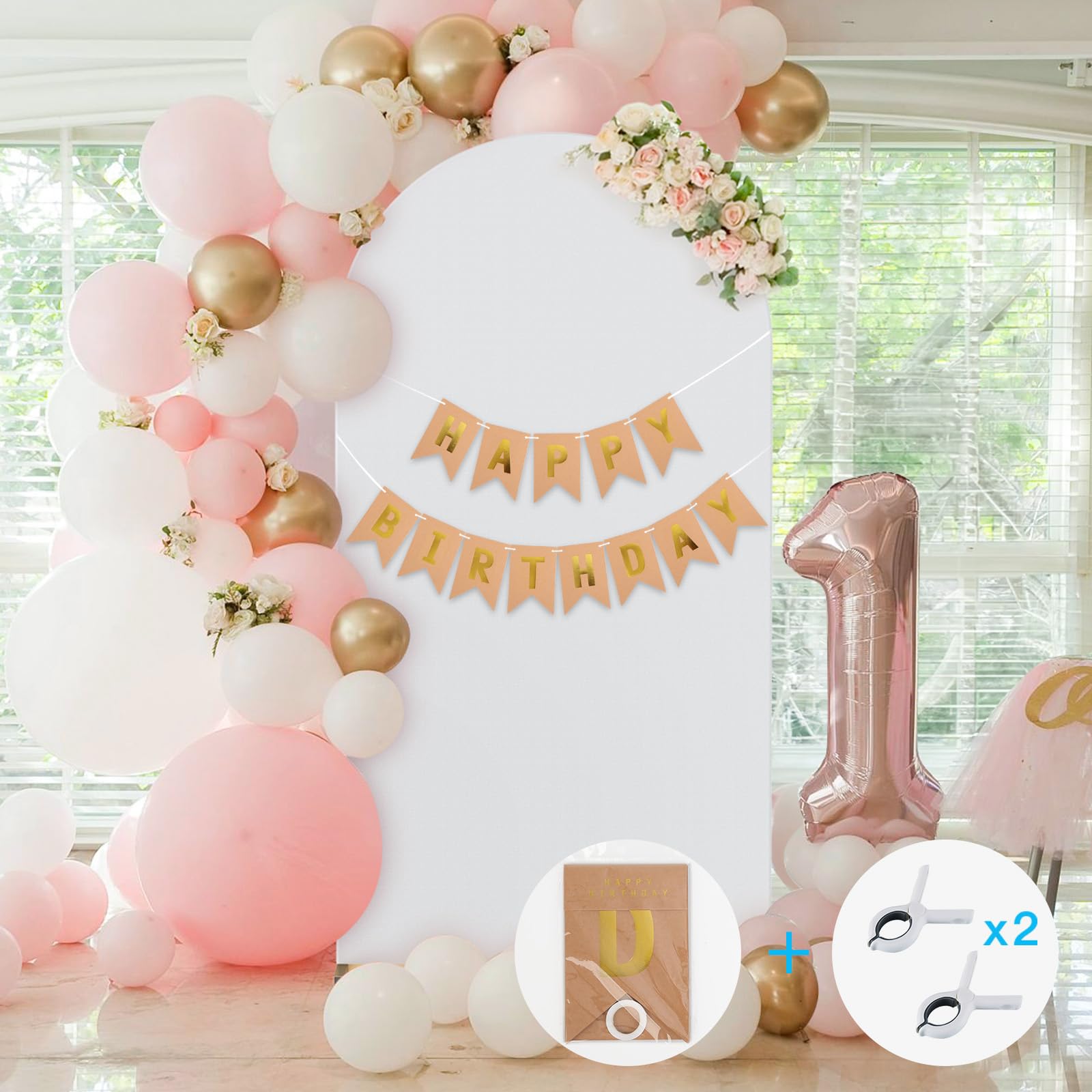 RavArmor 7.2FT Spandex Wedding Arch Backdrop Cover with 2 Clips & 1 Banner, 950G Thicken 2-Sided Elastic Backdrop Cover for Arch Stand, Not See Through, Elastic Drawstring Closure, Fits Various Party