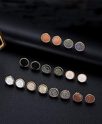 Ofeiyaa 9 Pairs Round Stud Earrings Stainless Steel Cute Druzy Crystal Studs Earrings Pierced for Women Ladies 10mm 20G