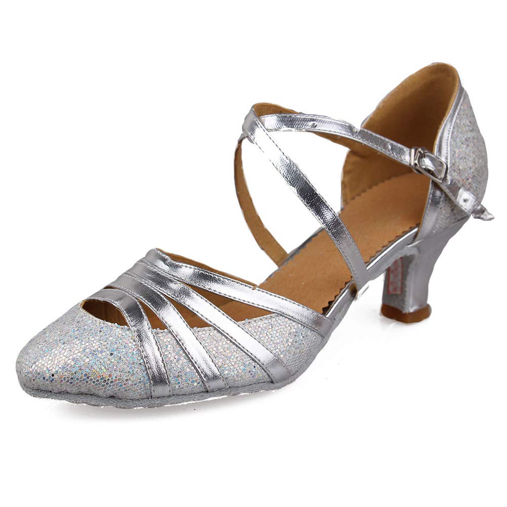ROGMUJEN Women Latin Ballroom Dance Shoes Silver Tango Salsa Party Dress Dance Heels Shoes Wedding Pumps,Silver,6.5US,ML131