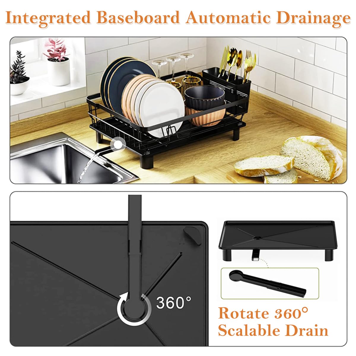 Mulaibdin Dish Drying Rack, 1-Tiers Dish Rack, Large Drying Rack for Kitchen Counter, Dish Drainers with Drainboard and Extra Dish Drying Mat, Dish Strainers for Kitchen Sink