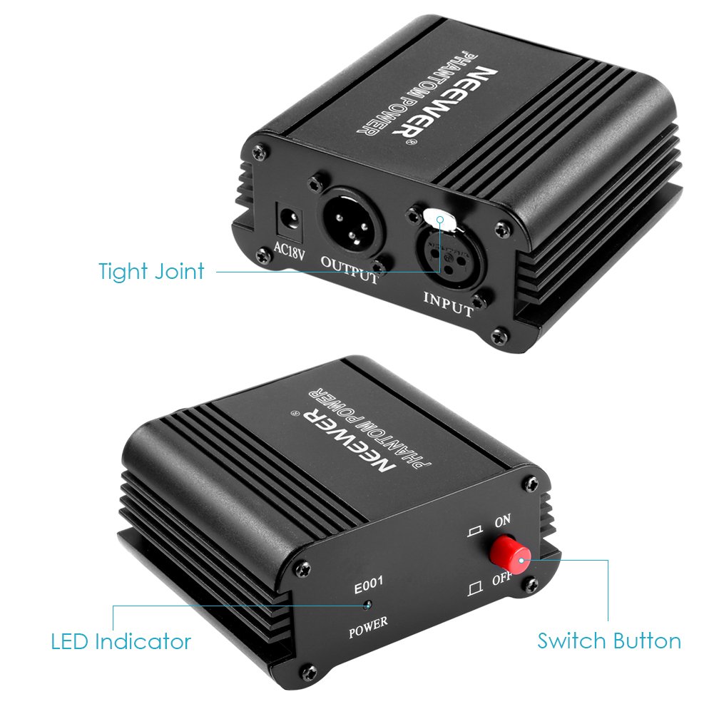 Neewer 1- Channel 48V Phantom Power Supply Black with Adapter and XLR Male to XLR Female Cable (2 Pack)