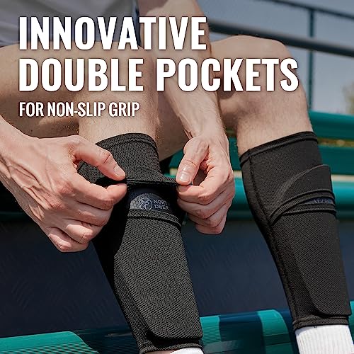 Soccer Shin Guards for Men incl. Sleeves with Optimized Insert Pocket - Protective Soccer Equipment for Kids Adults (Black L)