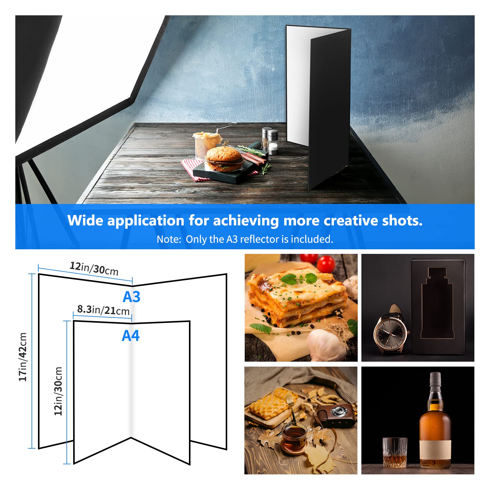 NEEWER Photography Light Reflector Cardboard, 2 Packs 4-in-1 A3 (17x12in/42x30cm) Size Studio Tabletop Folding Light Diffuser Board for Still Life, Product, Food Photography, Silver/Gold/White/Black