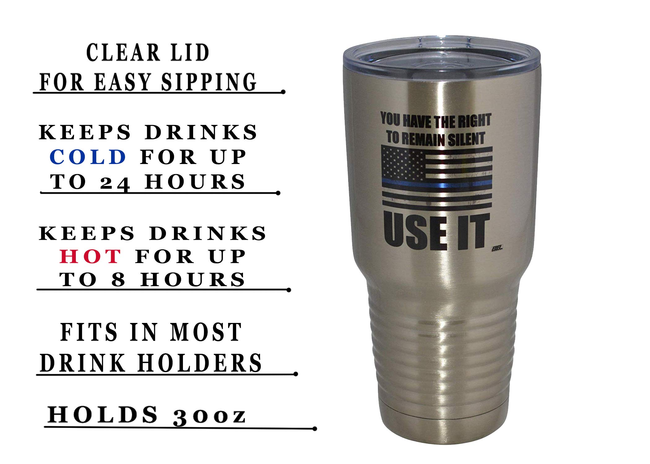 Rogue River Tactical Funny Police Officer Large 30oz Travel Tumbler Mug Cup w/Lid Vacuum Insulated Remain Silent Thin Blue Line PD Gift