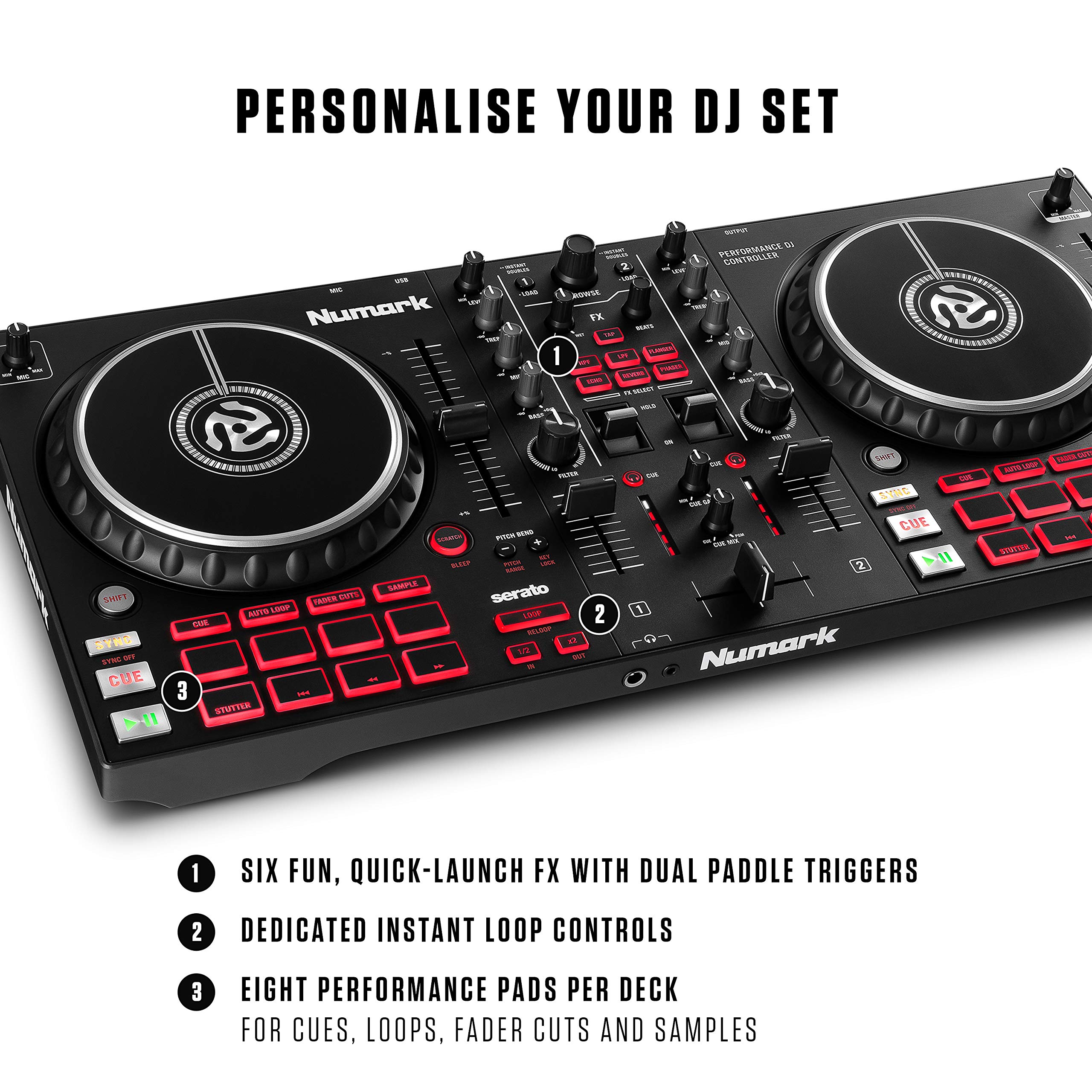 Numark Mixtrack Pro FX + HF125 β 2 Deck DJ Controller For Serato DJ with DJ Mixer, Built-in Audio Interface, and Professional DJ Headphones