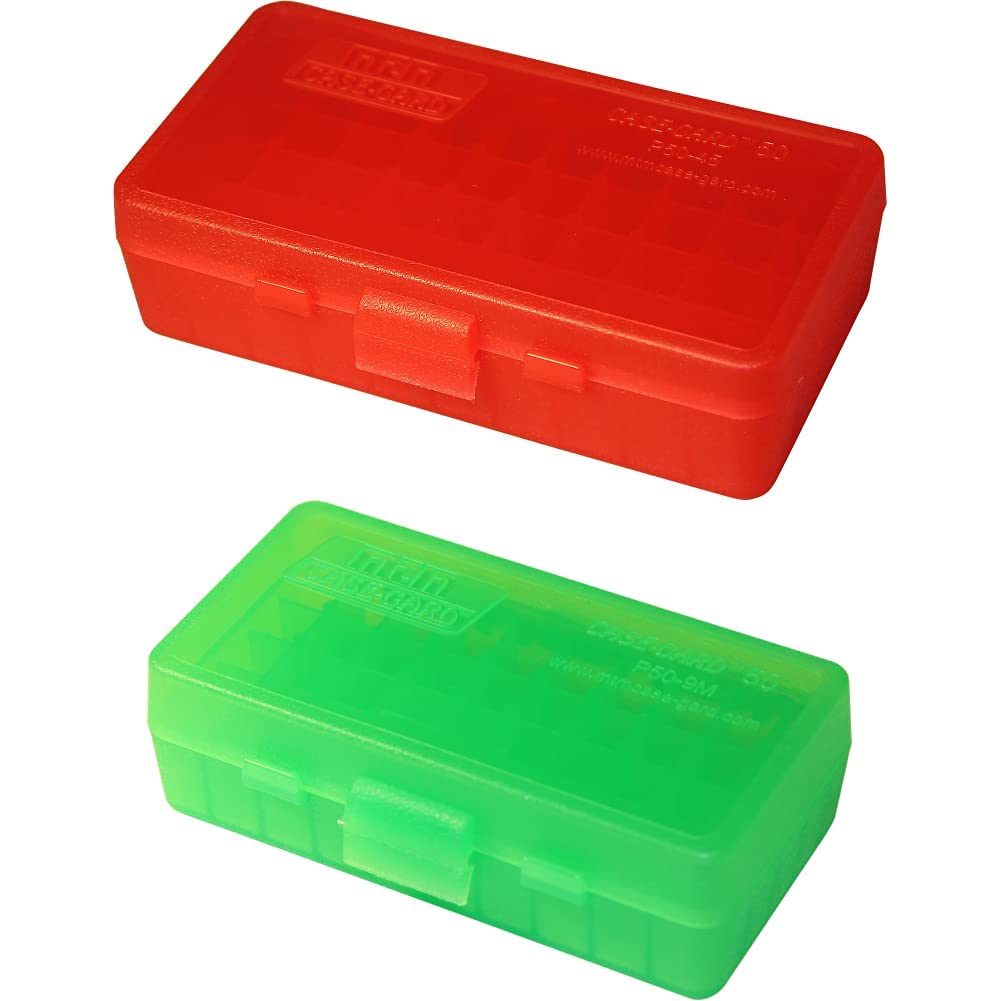 MTM 40/45/10MM Cal 50 Round Flip-Top Ammo Box, Red & MTM 380/9MM Cal 50 Round Flip-Top Ammo Box, Clear Green