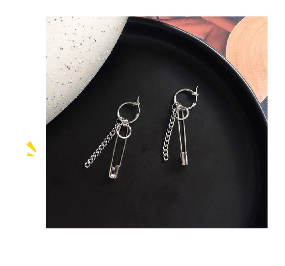 Safety Pin Chain Tassels Dangle Earrings Punk Silver Pin Dangle Earring with Hoop Jewelry for Men and Women (Silver)