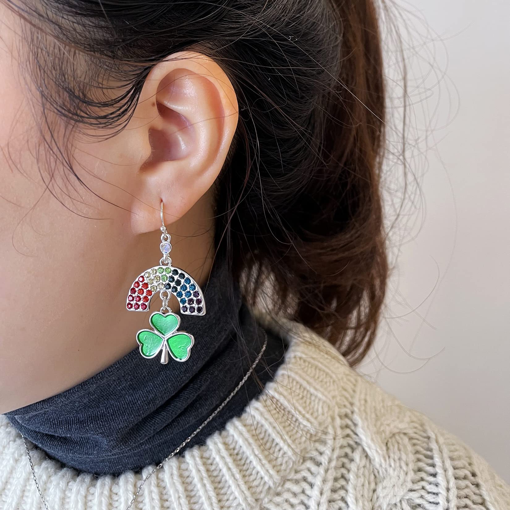 RareLove Silver Plated Rainbow with Shamrock Piercing Dangle Earrings Alloy Crystal St Patrick's Day Gift For Women