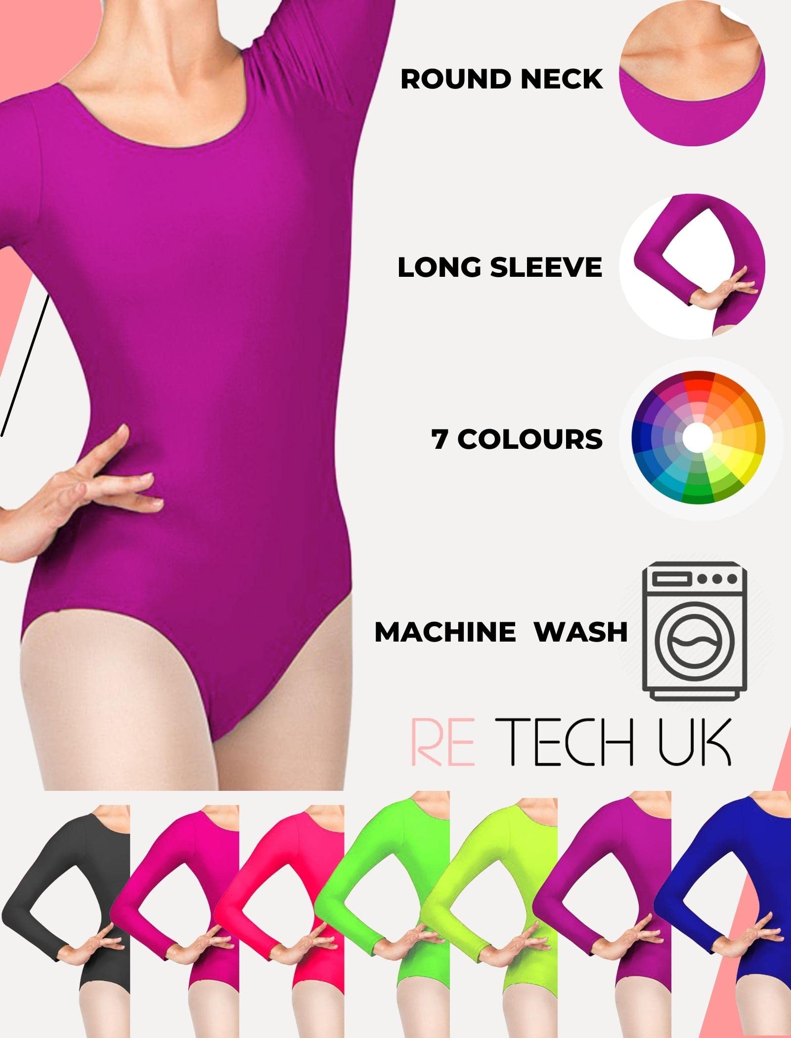 Re Tech UK Kids Childrens Girls Leotard Long Sleeve Dance Ballet Gymnastics Basic Stretch (Hot Pink, 7-8)