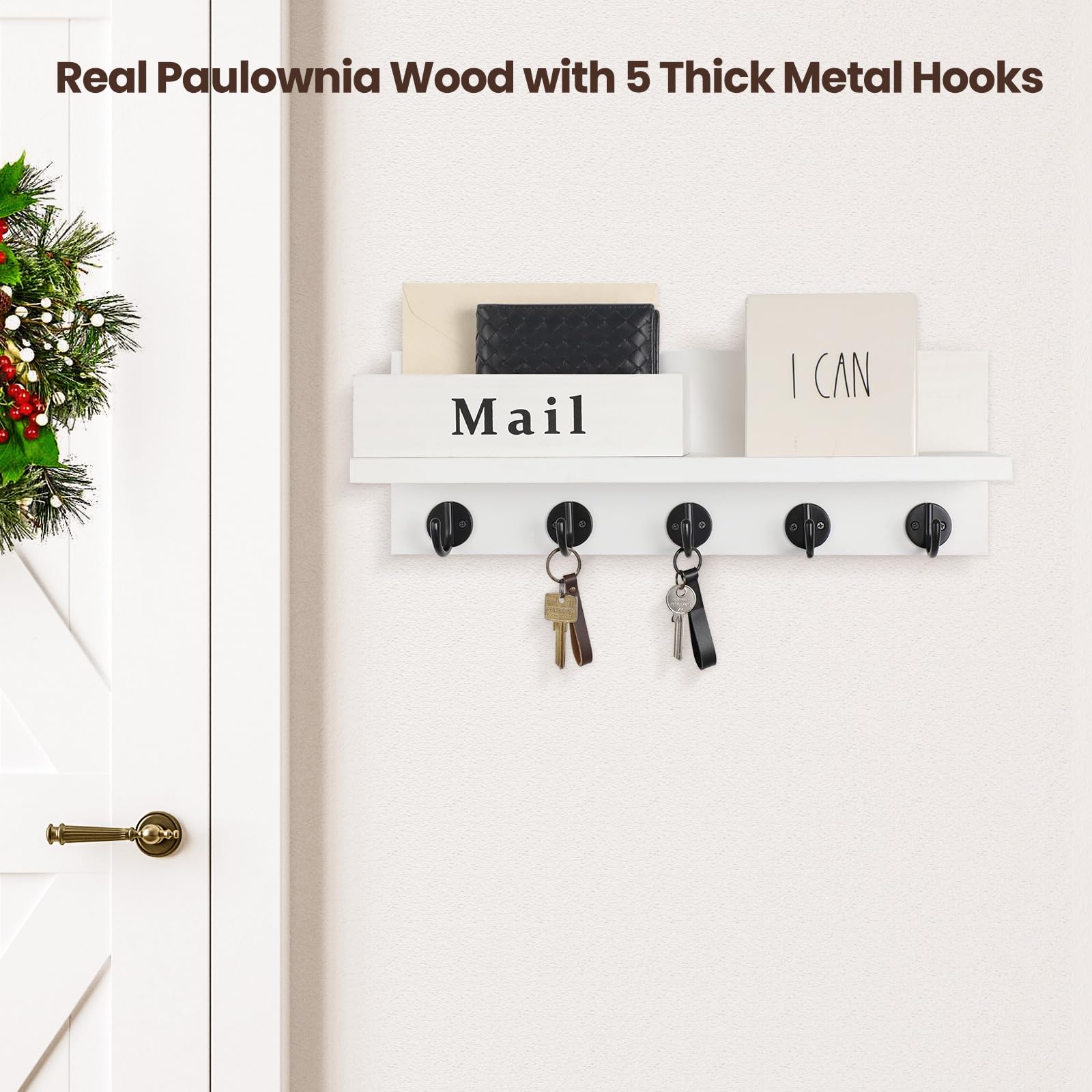 Nekon Key Holder for Wall - 15.7" x 5.3" x 3.5" Decorative Mail Organizer Wall Shelf with Hooks - Sturdy Paulownia Wood with 5 Thick Hooks for Rustic Home Décor (White)