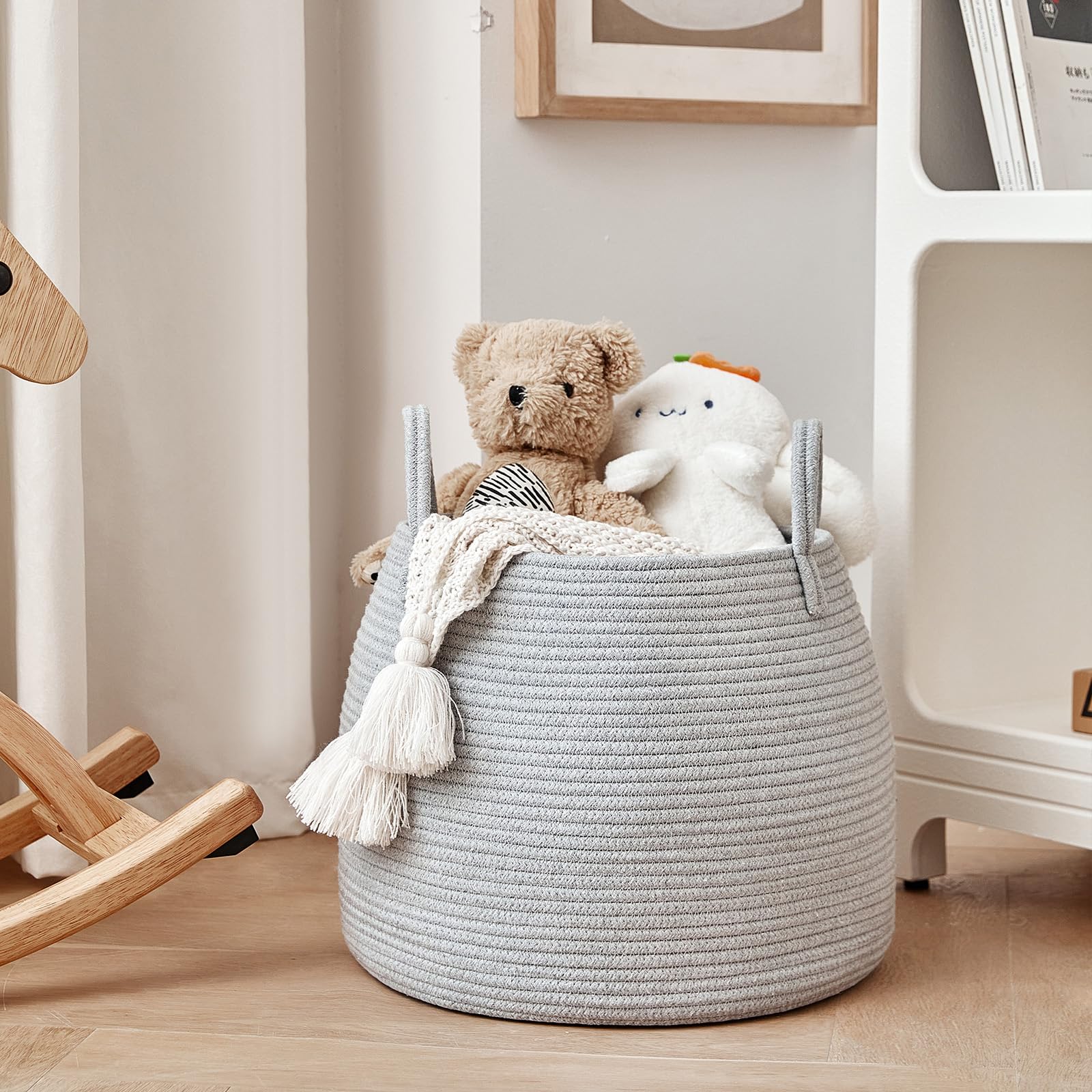 R RUNKA Nursery Laundry Basket | Kids Hamper for Blankets, Pillows,Toys (15"x 13")| Baby Toy Basket | Nursery Storage for Boho Room Decor | Ideal Gift for Baby Showers| Grey