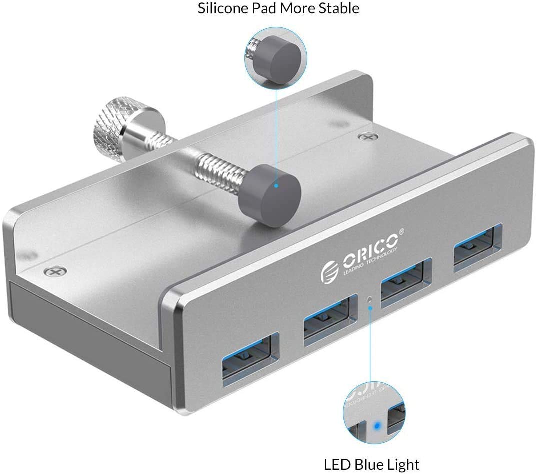 ORICO USB 3.0 Hub Clamp Adapter, Aluminum 4-Port USB Splitter with Extra Power Supply Port and 4.92 FT USB Data Cable, Ultra-Portable USB Expander for 2021 iMac/Laptop/PC