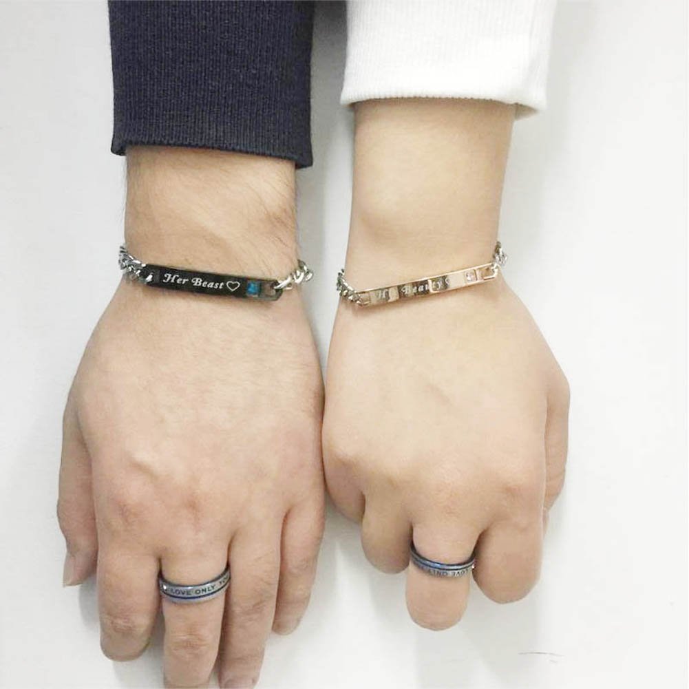 OUXUN Matching Bracelets For Couples Set Her Beast His Beauty 2 Pcs Romantic Lettering Relationship Couples Link Bracelets Promise Gifts Birthday Present For Women Men BF GF Lovers