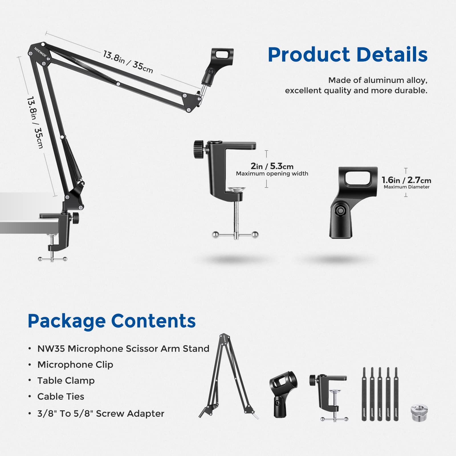 Neewer Microphone Arm Stand, Suspension Boom Scissor Mic Arm Stand with 3/8β to 5/8β Screw and Cable Ties Compatible with Blue Yeti, Snowball, Yeti X, Quadcast and Other Mics, Max Load 1.5kg