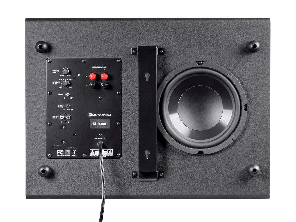 Monoprice SSW-8 Slim Powered Subwoofer - 8 Inch Woofer, 100 Watt, Low Profile, Powerful Amp, Low Pass, RCA and Speaker Level Terminal Inputs, Black