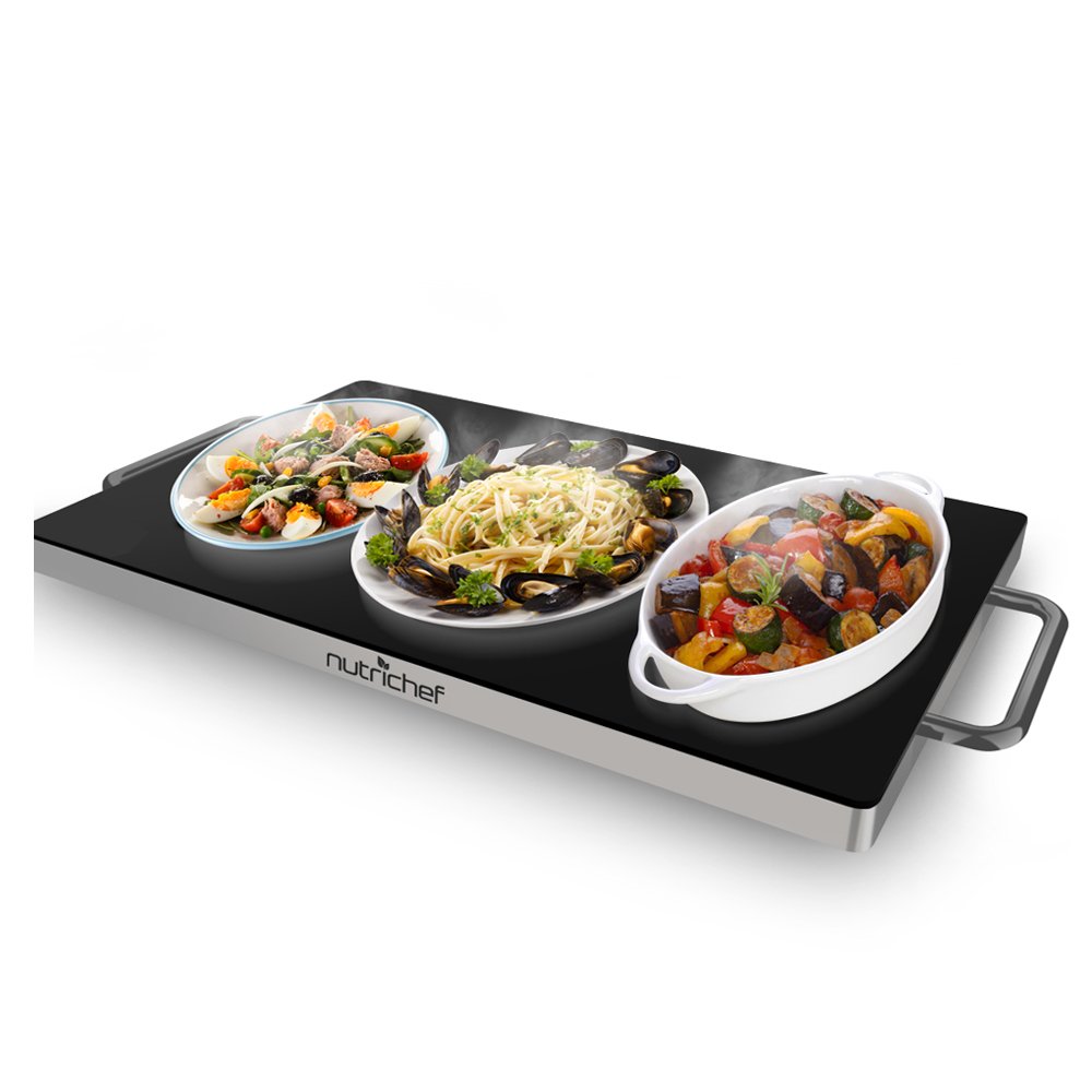 NutriChef Large Electric Warming Tray -20" x 12" Hot Plate -Ideal for Buffets, Restaurants, Parties, and Home Dinners -Glass Top Keeps Food Hot - Perfect for Events -Black -Heat your food up to 203°F.