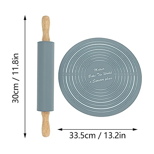 Non Stick Rolling Pin and Silicone Baking Mat, Round Non Stick Pastry Mat, Non stick Silicone Dough Rollers Set with Measurements Kneading Pastry Mat,Rolling Pin Pastry Baking Mat,Baking Tool(Grey)