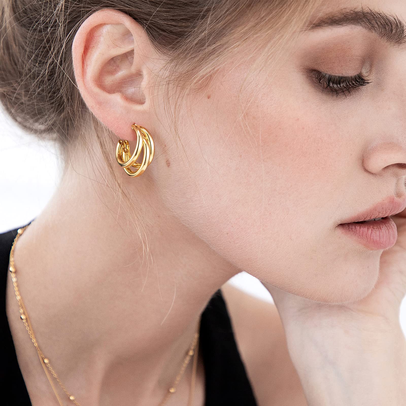 SWEETV Chunky Gold Hoop Earrings 20mm Thick for Women Triple Hoops Sterling Silver Open Earring