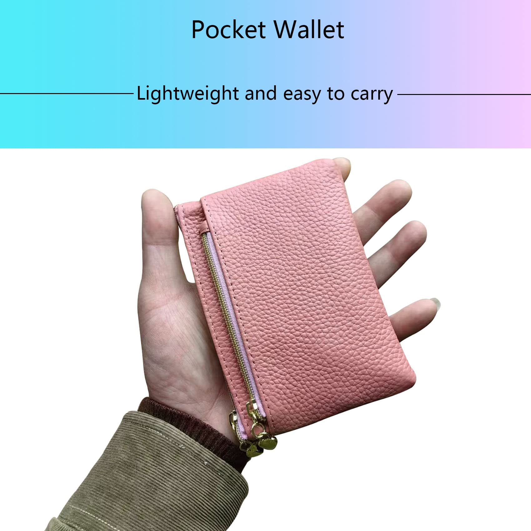 Women's Leather Portable Coin Purse, Pocket Wallet, Zipper Card Holder Wallet with Key Ring (Pink)