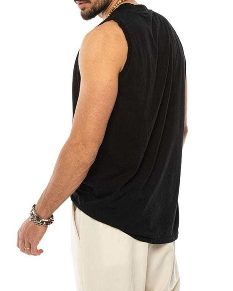 utcoco Men's Cotton Linen Tank Tops Solid Color V-Neck Cut Off Tee Summer Beach Sleeveless Shirts for Men (XL, Black)