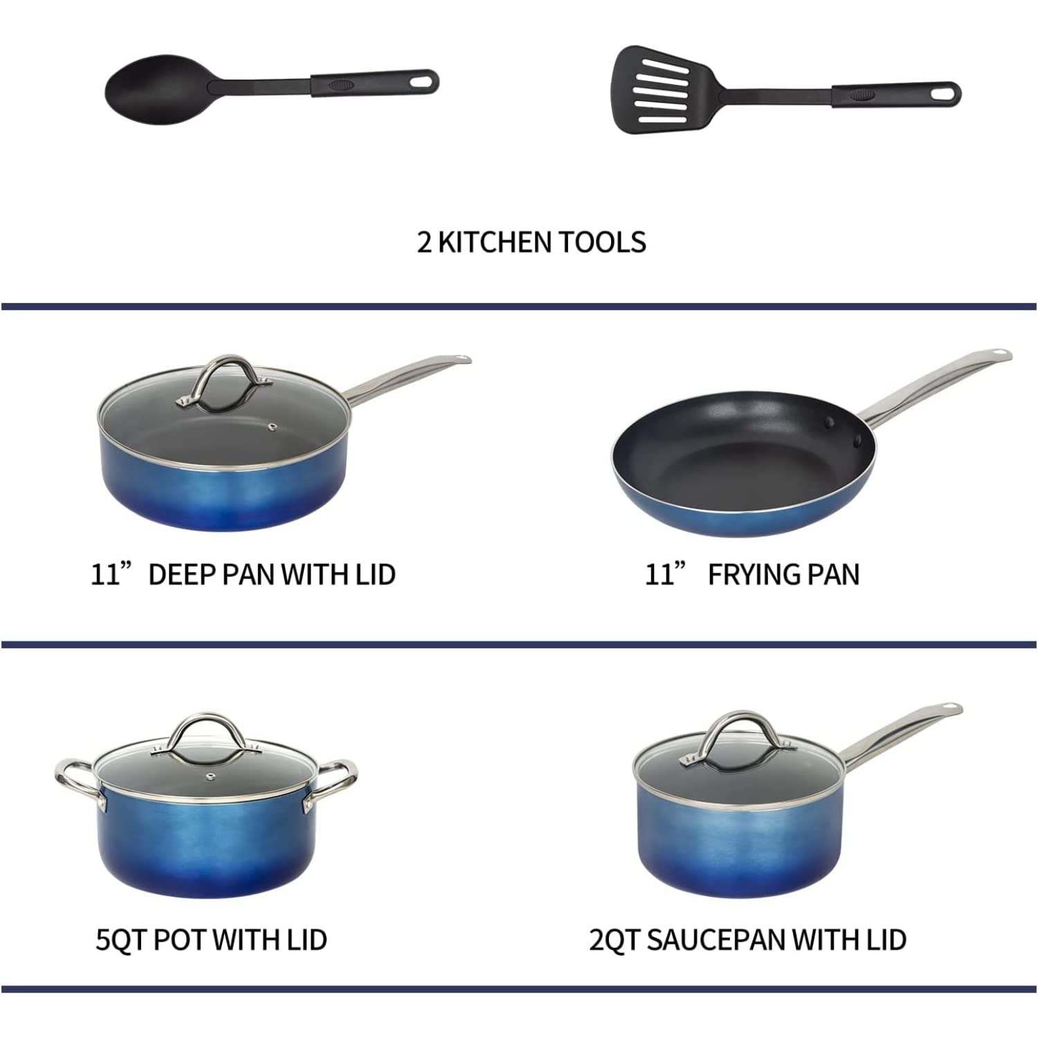 Nonstick 9 Piece Cookware Set 9.75'' Pot, 11'' Frying Pan, 7.25'' Pan, 11'' Deep Pan & 2 12'' Tools
