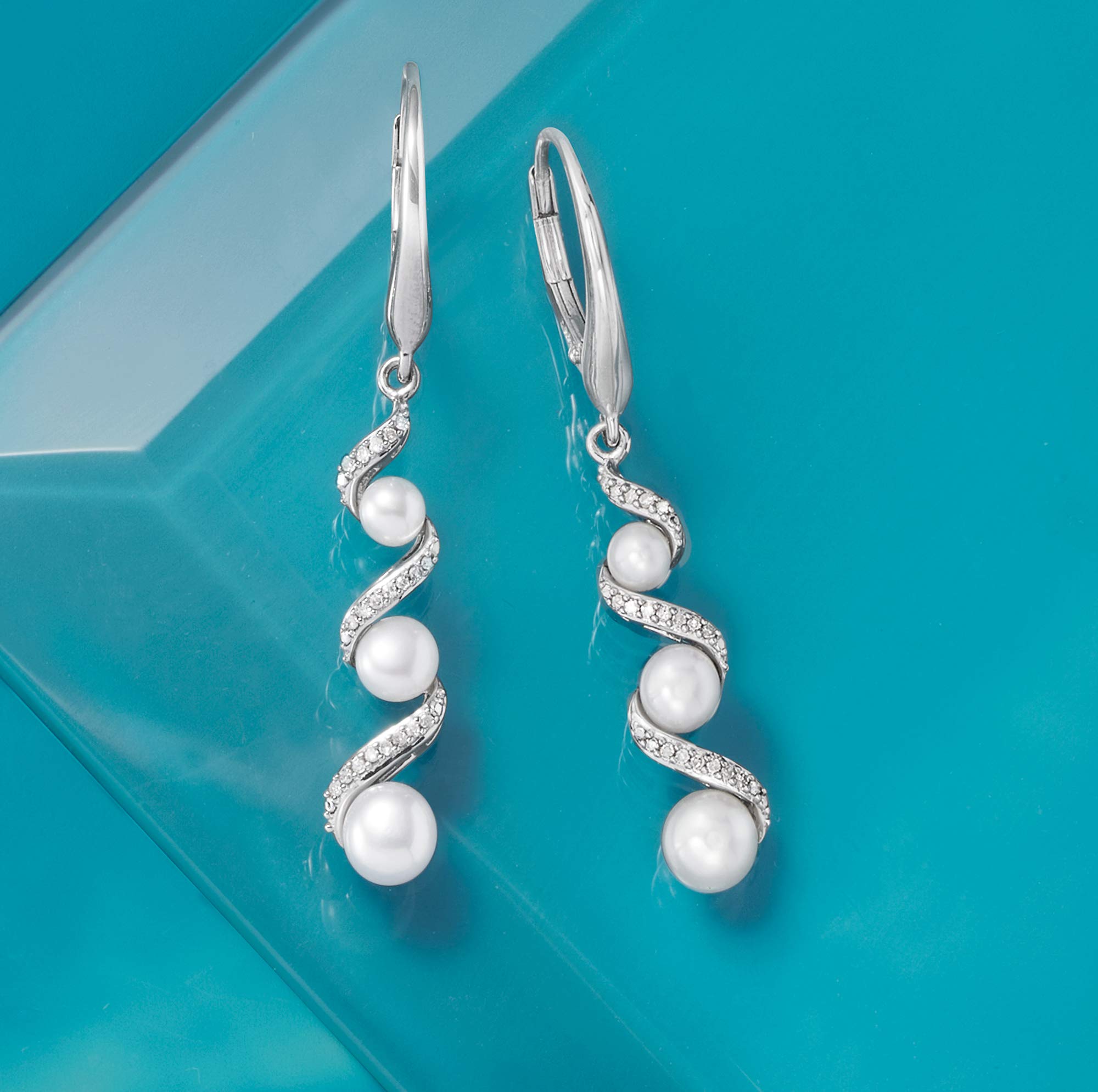 Ross-Simons 3.5-5mm Cultured Pearl and .10 ct. t.w. Diamond Drop Earrings in Sterling Silver