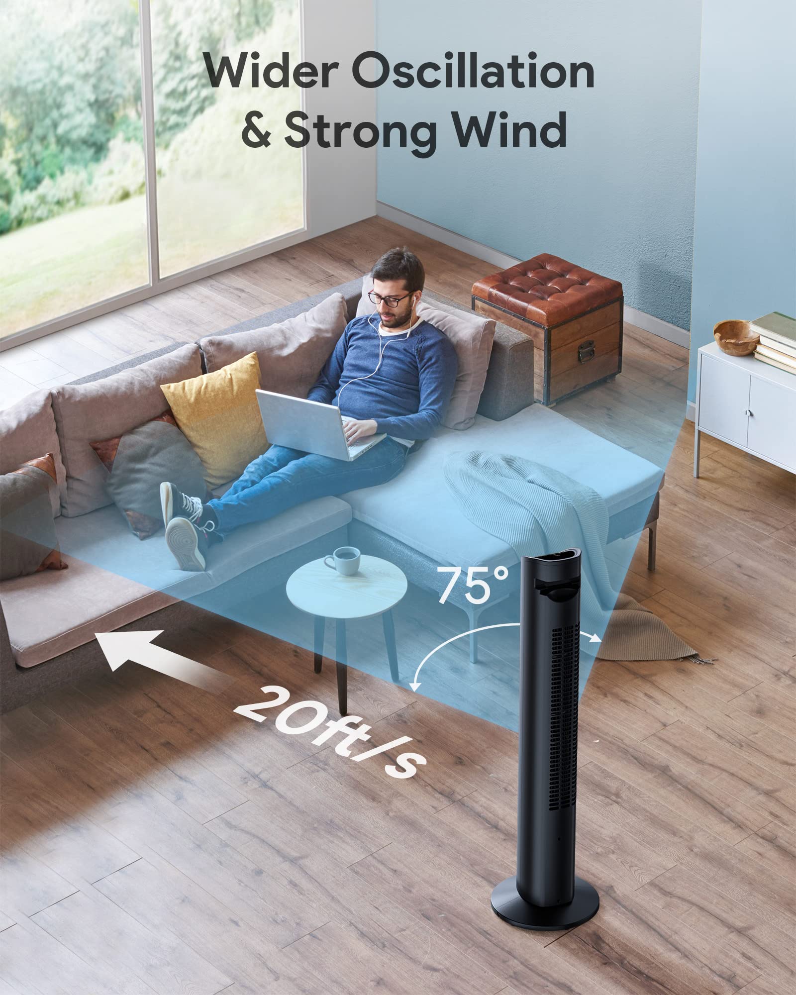 Tower Fan with Remote, Oscillating Fan Features 3 Modes 3 Speed, 75° Oscillation Standing Fans, Auto-off Backlight and 12H Timer, Portable Floor Bladeless Fan for Bedroom, Home and Office, Black