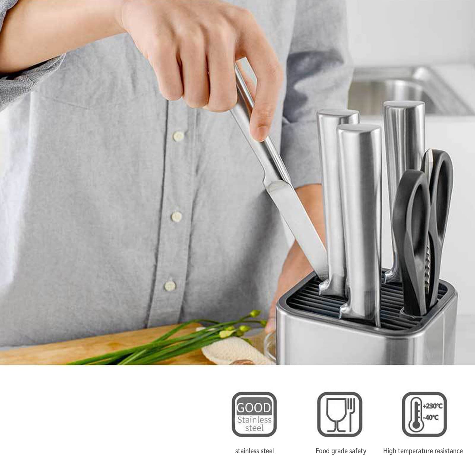YTDTKJ Universal Knife Block Without Knife, Stainless Steel Knife Holder with Scissors Slots, Kitchen Knife Organizer, Modern Rectangular Design, Self-Draining Function