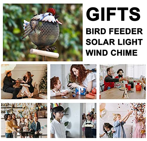 wtreew Solar Rooster Bird Feeder Squirrel Proof for Outside - Unique Cute Metal Animal Shaped Wild Bird Feeder with Solar Light, Wind Chime, Gift for Bird Lovers(Rooster)