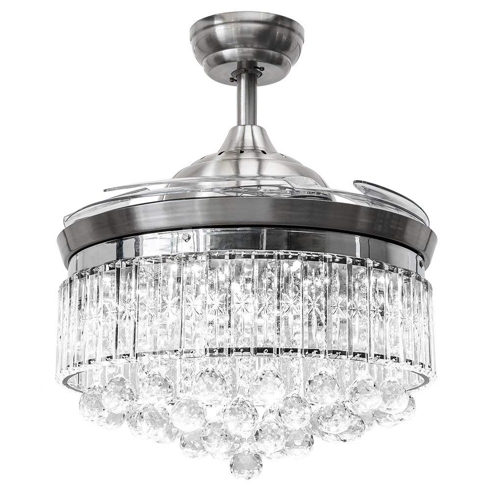 Orillon Modern 42 Inch Crystal Chandelier Fan Light Polished Silver Retractable Hidden Invisible Silent Fan for Indoor Room, Reversible 6-Gear Speed LED 36W, Dual Control-Remote and Wall Control