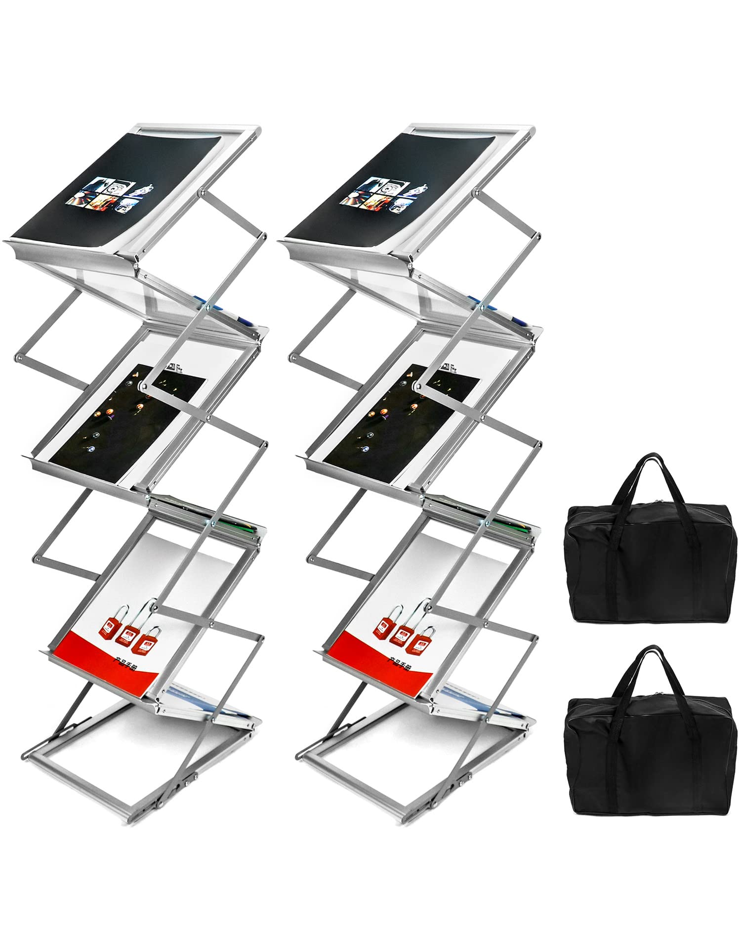 QWORK Portable Foldable Magazine Rack Brochure Stand with Carrying Bag - 2 Pack 6 Pockets Catalog Literature Rack for Trade Shows, Exhibitions, Office, and Retail Stores