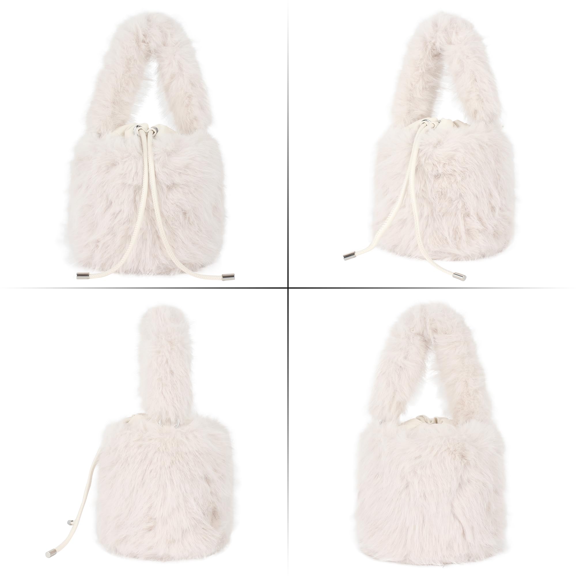 ZLM BAG US Women Plush Drawstring Bucket Bag Chain Crossbody Shoulder Purse Fuzzy Handle Evening Handbag