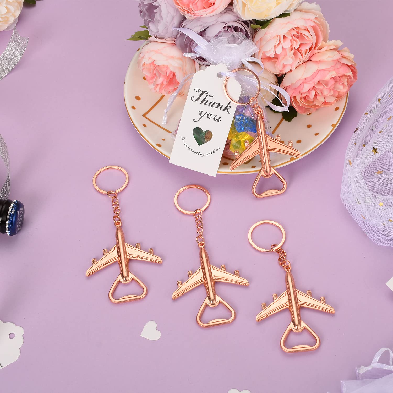 Winocbxt 50PCS AirplaneRose Gold Bottle Opener Keychains for Wedding or Bridla Shower Favors, Gifts, Souvenirs to Guests Bluk